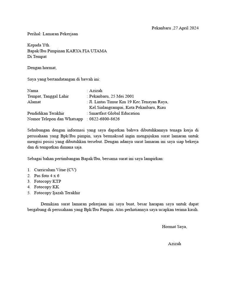 Lamaran Kerja Karya Fia Utama - Compressed | PDF