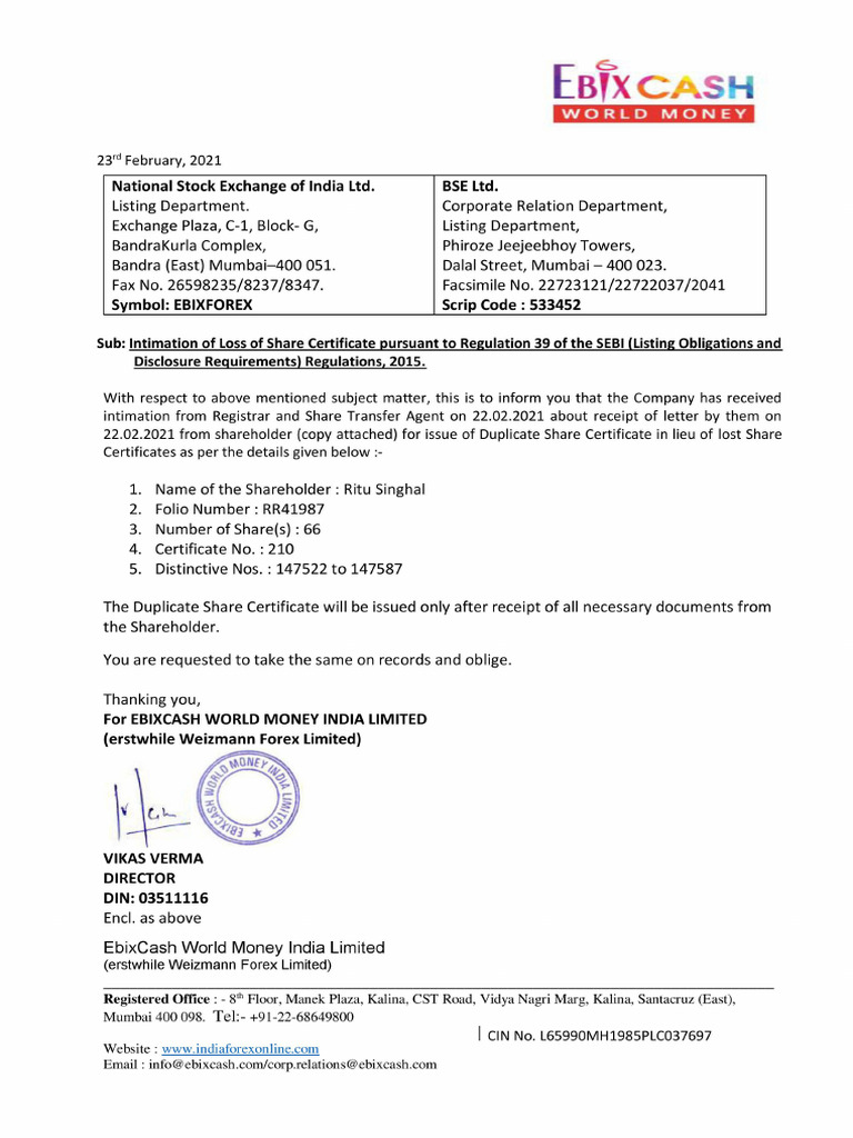 EBIXFOREX_23022021122245_Intimation | PDF | Knowledge Economy | Securities (Finance)