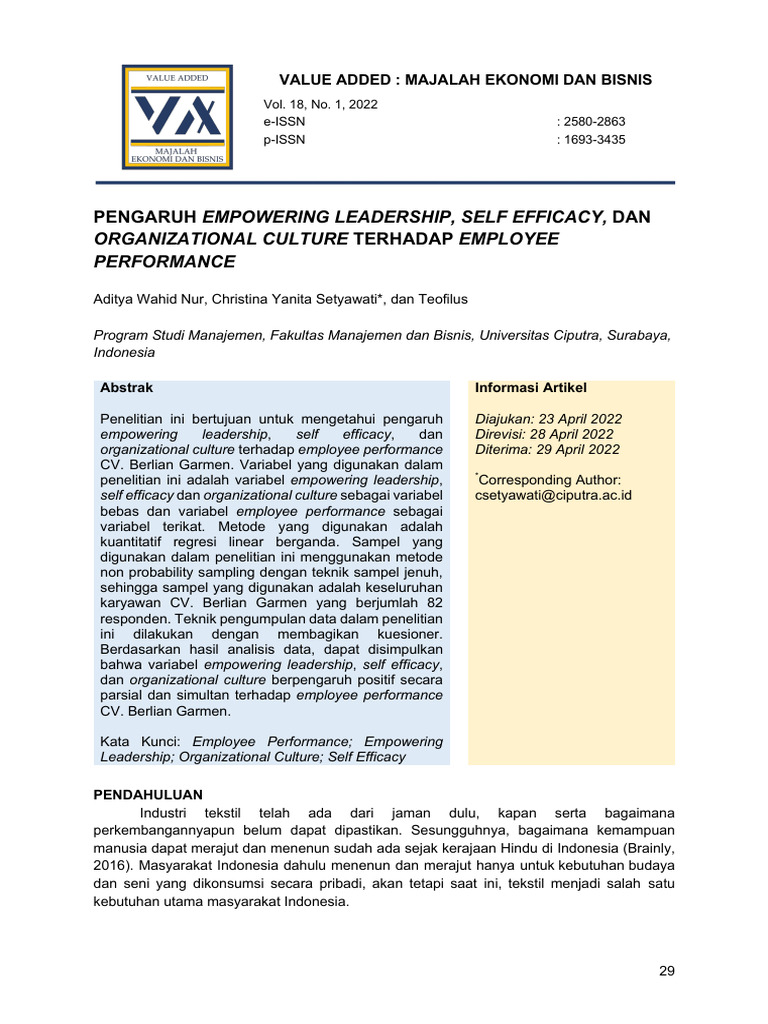 Empowering, Self Efficacy, Culture, Employee Performance | PDF