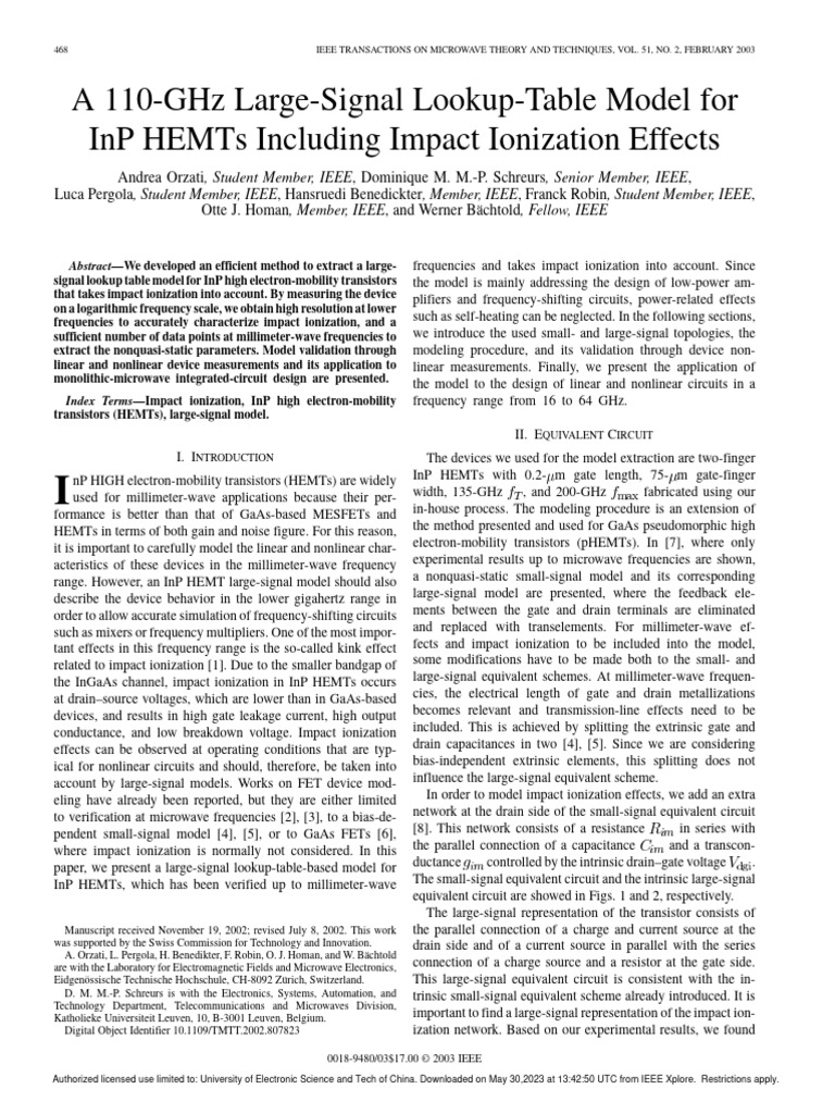 A 110-GHz Large-Signal Lookup-Table Model For InP HEMTs Including Impact Ionization Effects ...