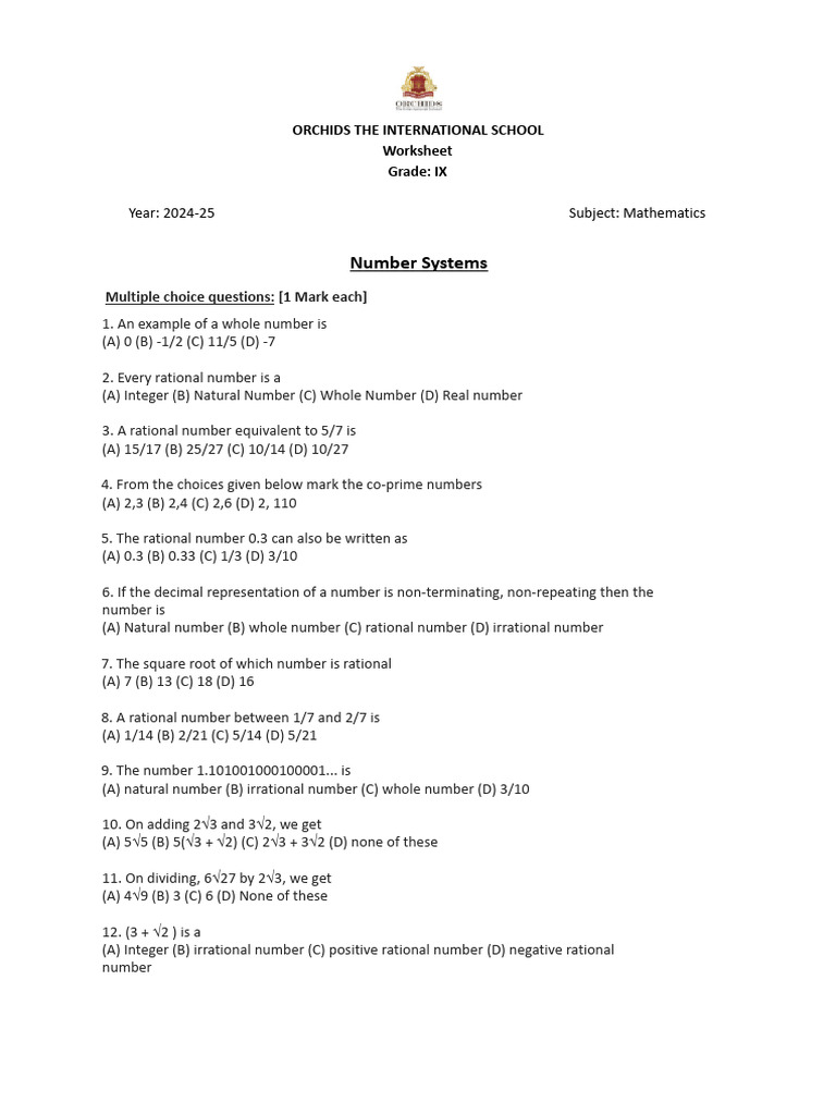 Grade IX-Maths Worksheet 1 | PDF | Numbers | Rational Number