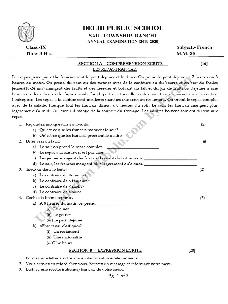 Cbse Class 9 French Question Paper Annual Exam 2020 Dps Ranchi | PDF ...