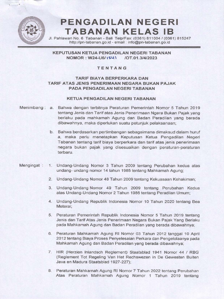 Tarif Biaya Berperkara & PNBP - April 2023 | PDF