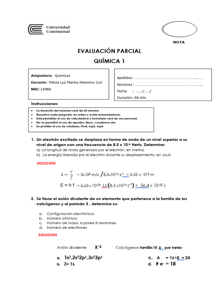 Solucionario Examen Parcial Quimica 1 - 2024 - 1A | PDF | Enlace químico | Electrón