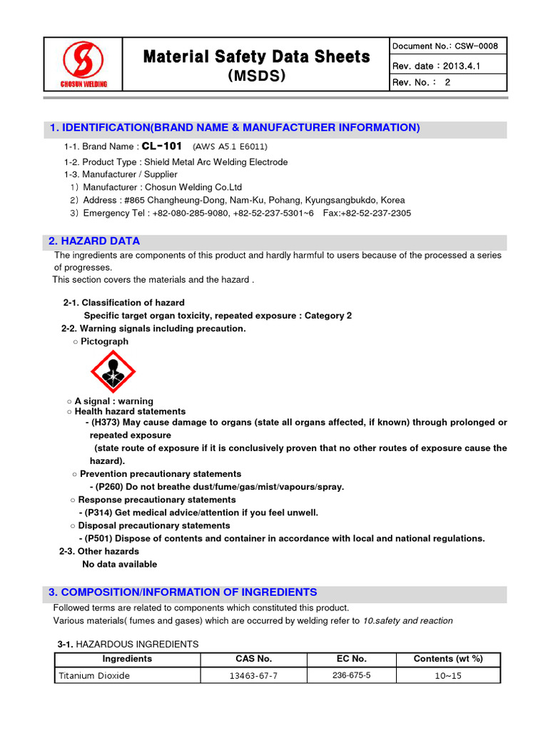 CSW-0008 MSDS CL-101 en | PDF | Welding | Construction