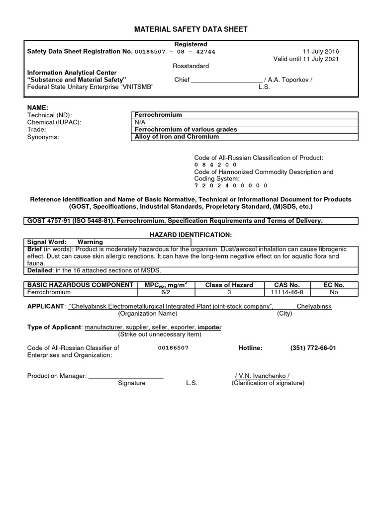 MSDS FeCr Eng 2016-2021 | PDF | Chromium | Dangerous Goods