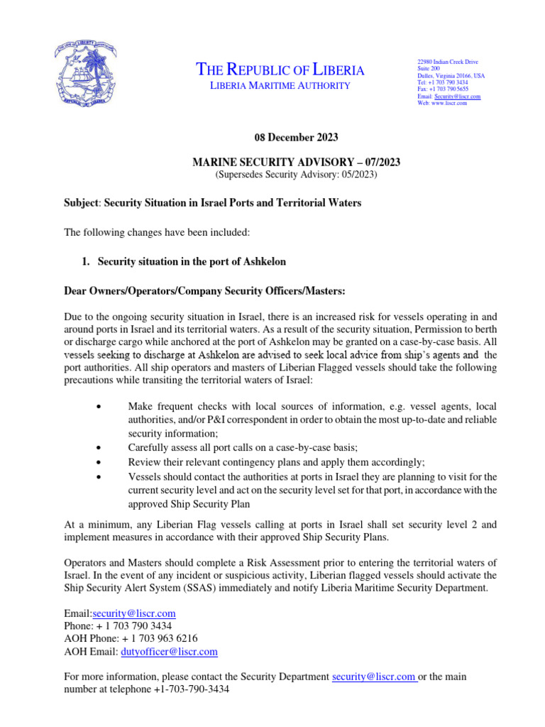 Liberia Maritime Security Advisory 2023 | PDF | Water Transport | Shipping
