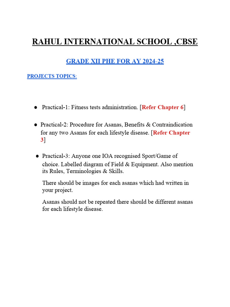 Rahul International School, Cbse: Grade Xii Phe For Ay 2024-25 | PDF