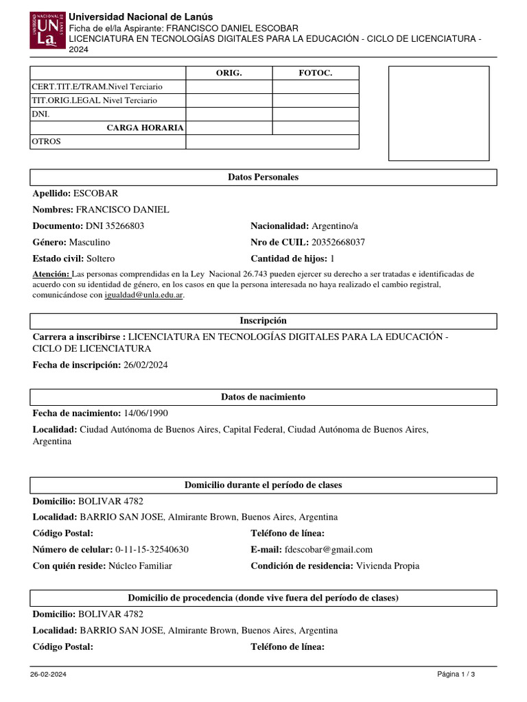 Ficha Preinscripcion | PDF | Documento de identidad | Buenos Aires