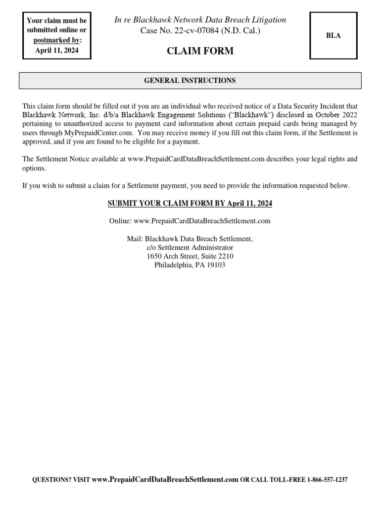 Blackhawk - Mailed Claim Form (Ang Final) | PDF | Pay Pal | Service ...