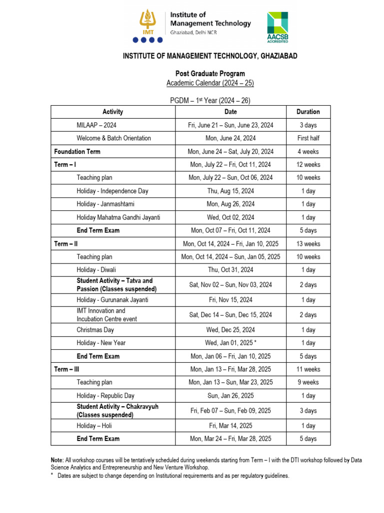 IMT Ghaziabad PGDM Academic Calendar 2024-25 | PDF | Schools