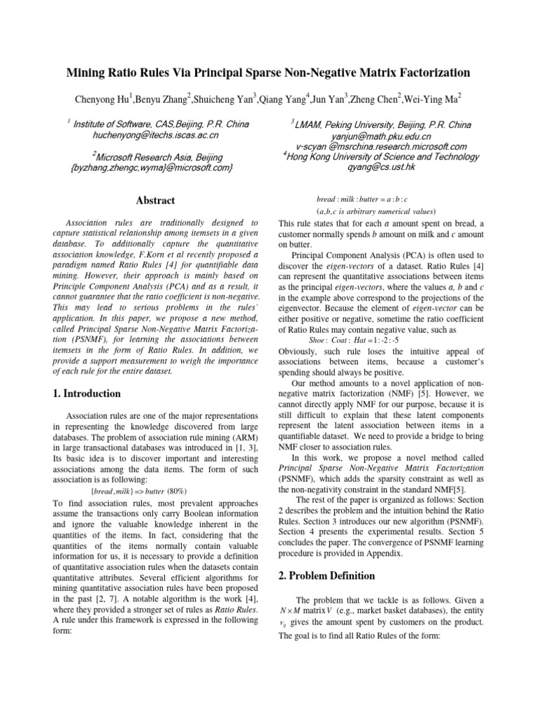 Mining Ratio Rules Via Principal Sparse Non Negative Matrix Factorization | PDF | Principal ...