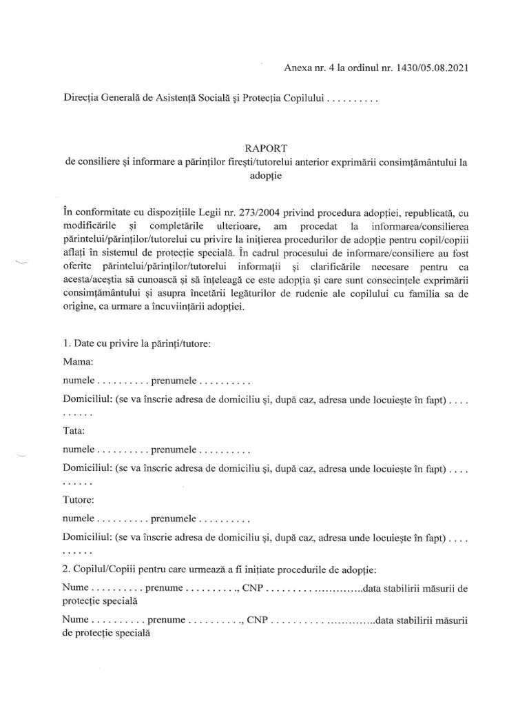 Model RAPORT DE CONSILIERE SI INFORMARE A PARINTILOR FIRESTI Anexa Nr. 4 La Ordinul Nr. 1430 Din ...