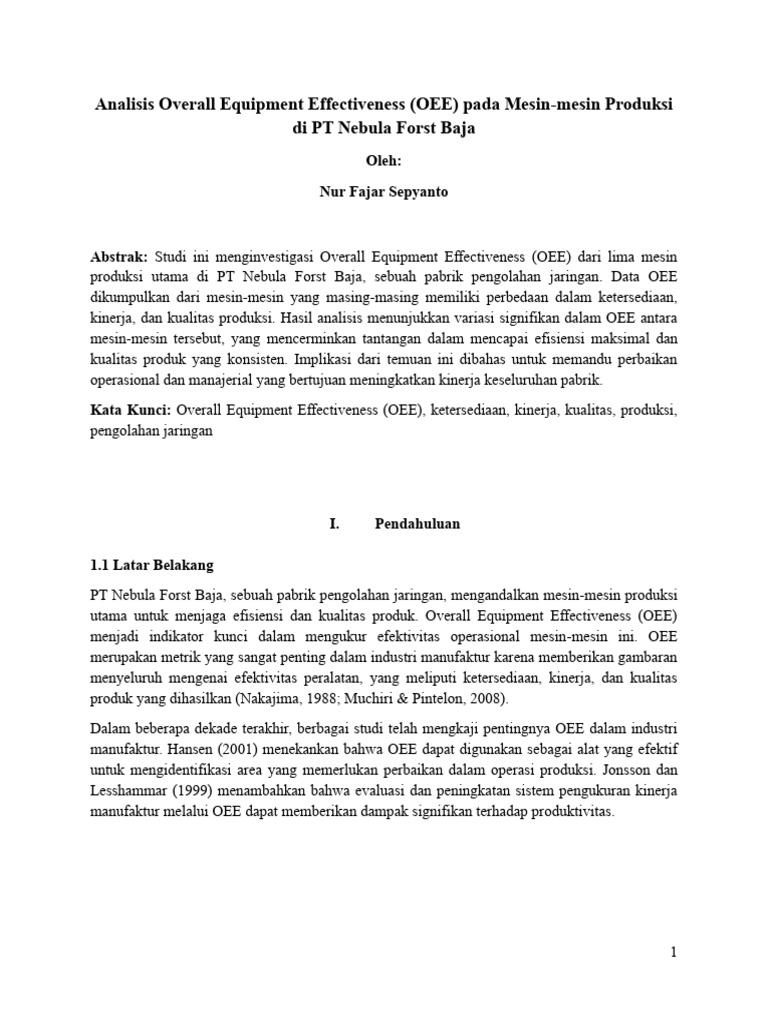 Analisis Overall Equipment Effectiveness Oee Pada Mesin Mesin