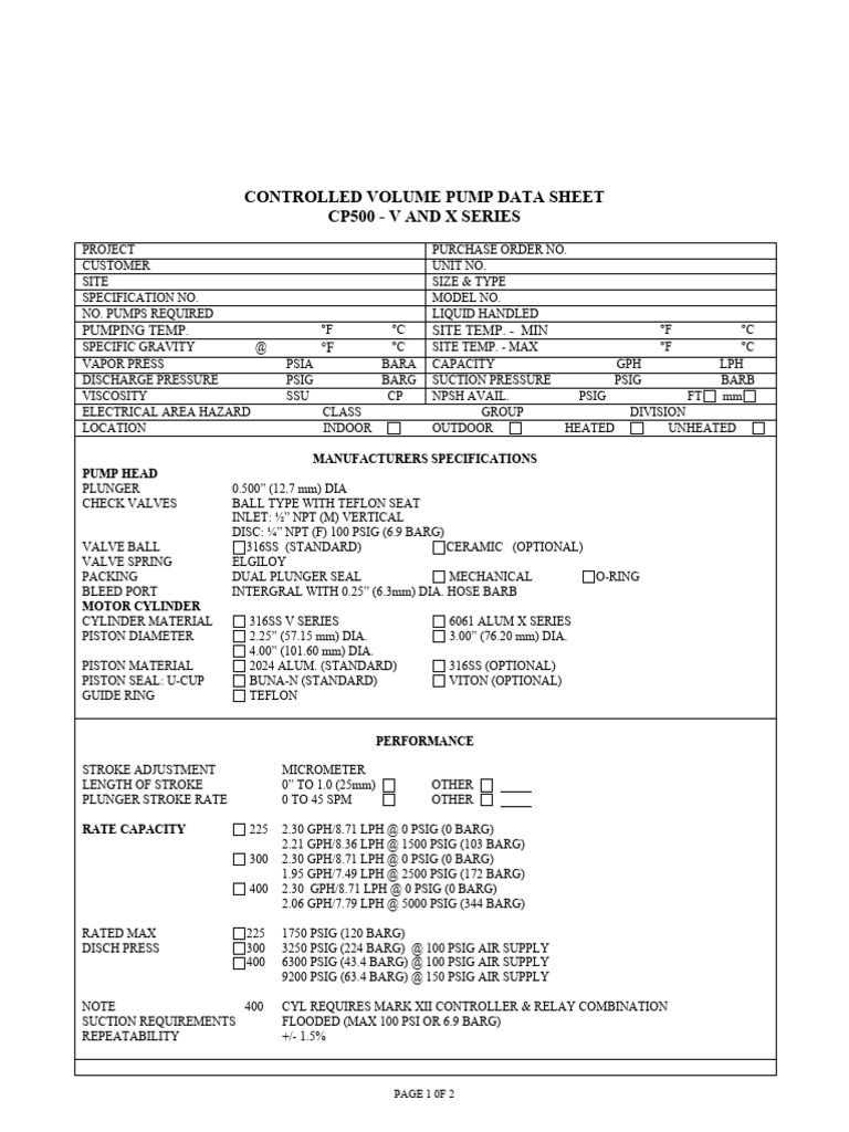 cp500-v-x-series-pump-data-sheet | Download Free PDF | Pump | Piston