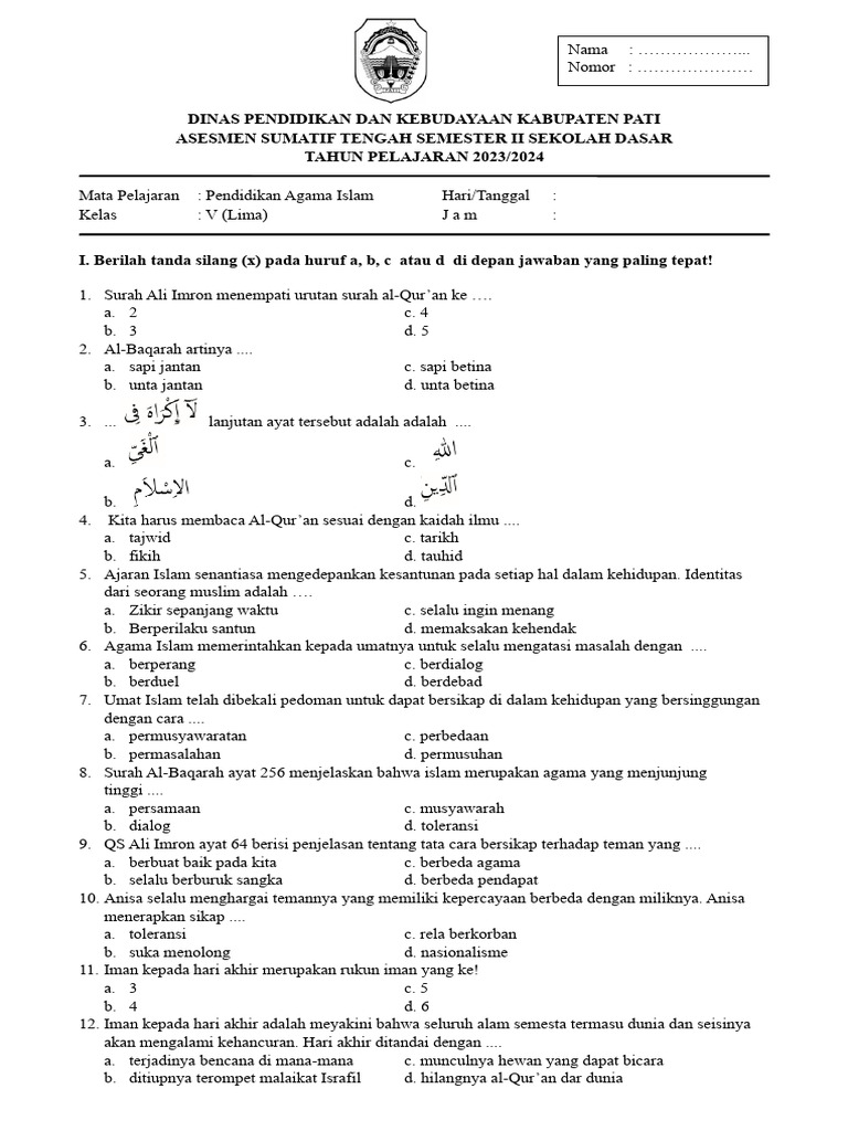 Soal PTS Genap Kelas 5 Tahun 2023-2024 | PDF