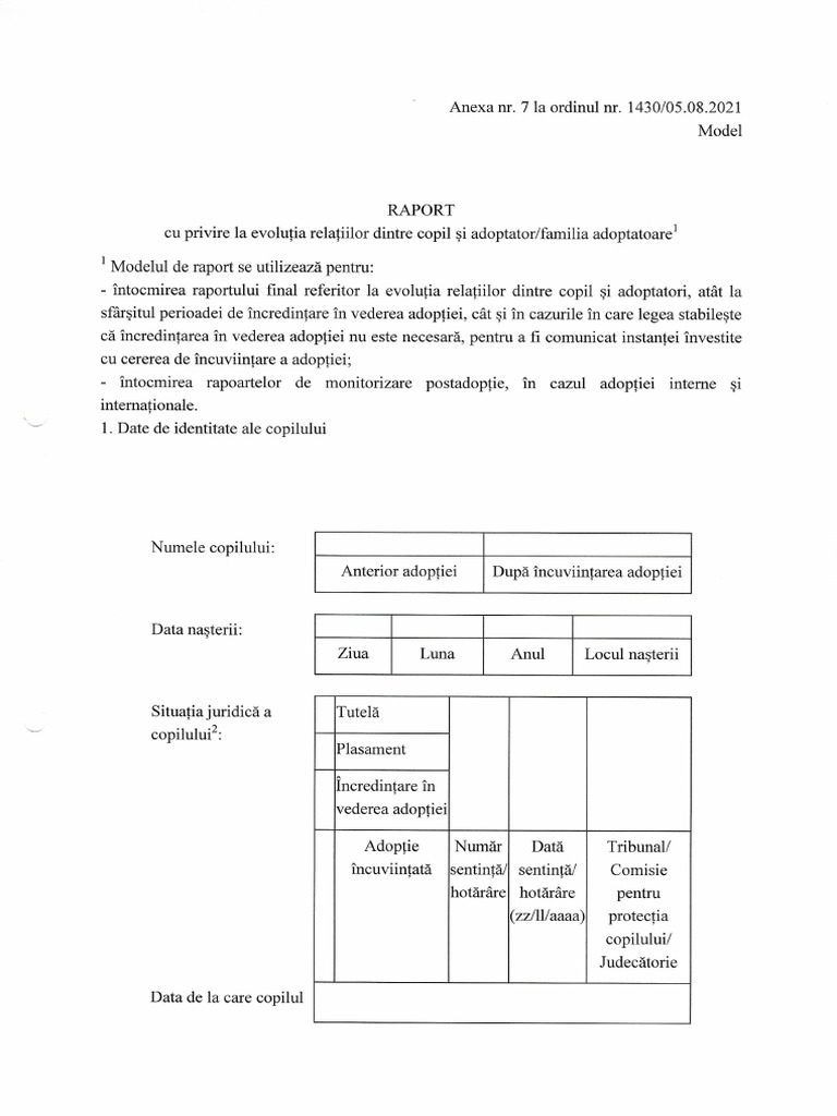 Model RAPORT CU PRIVIRE LA EVOLUTIA REL. DINTRE COPIL SI AD. FAM - AD ...