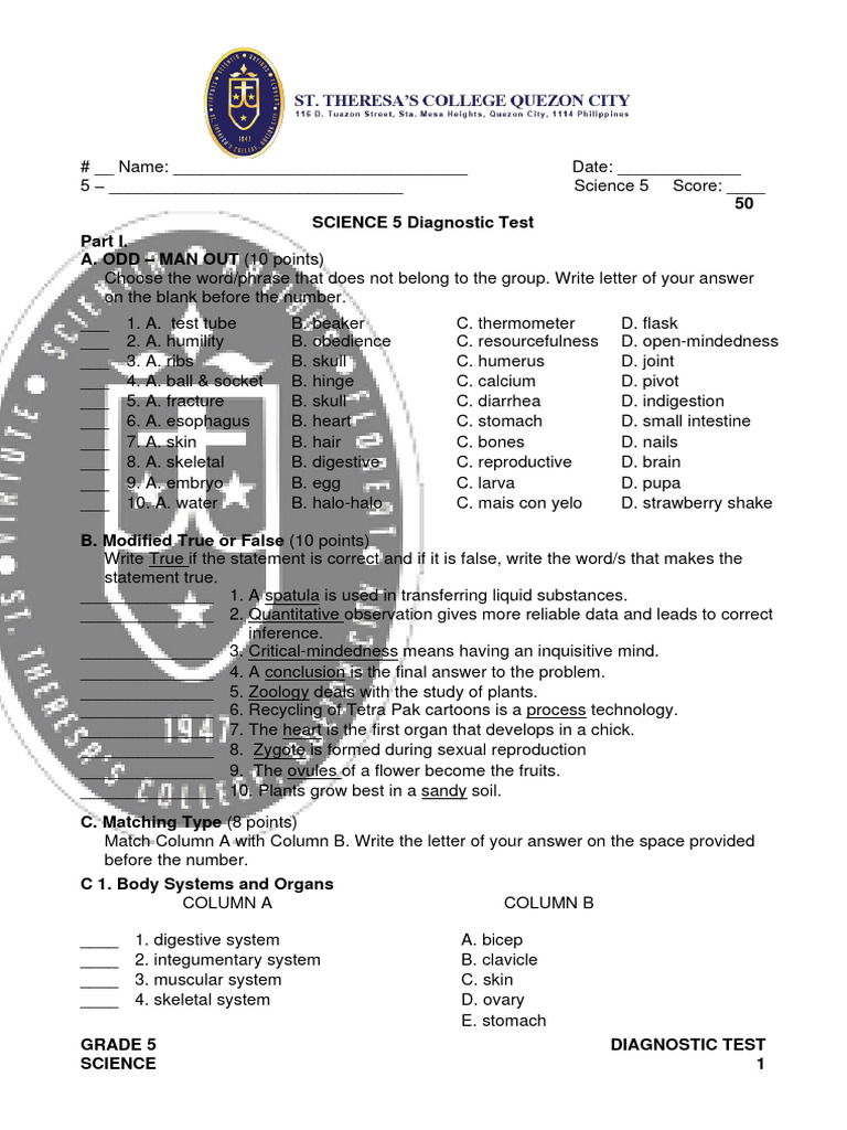SCIENCE 5 Diagnostic Test (No Answer) With-Water-Mark-Logo | PDF ...