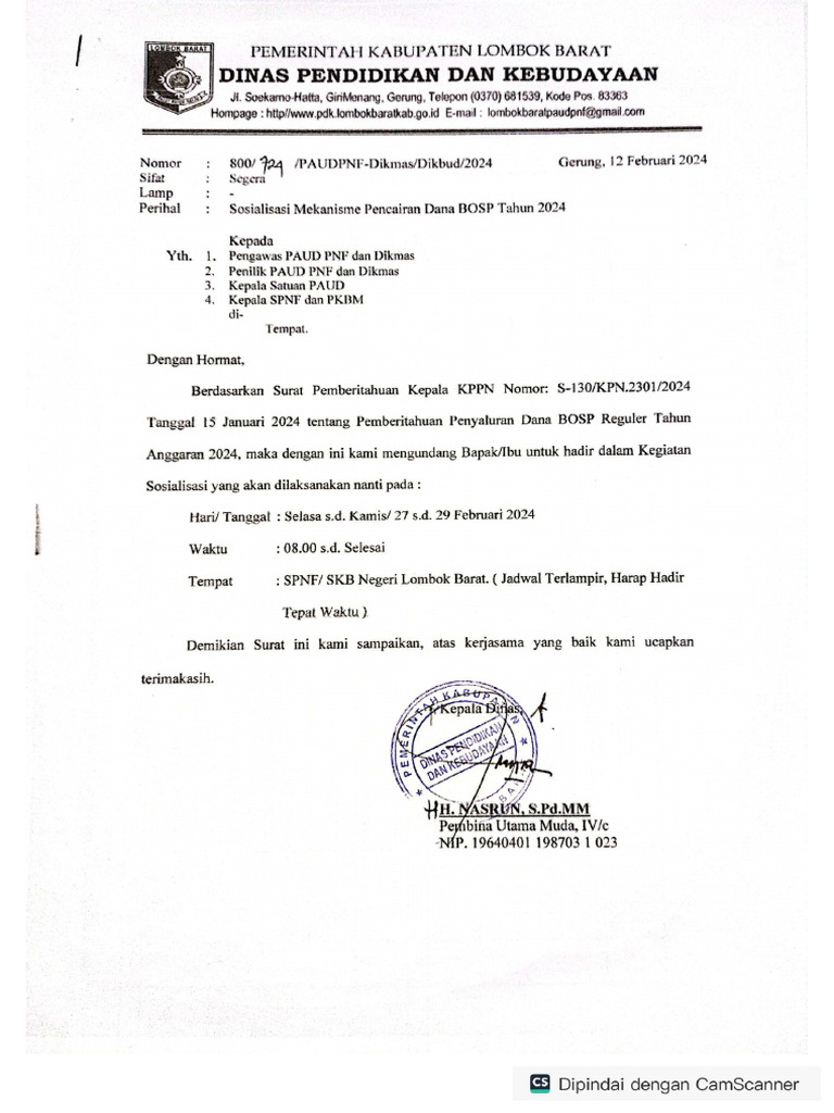 Undangan Sosialisasi BOSP PAUD. | PDF