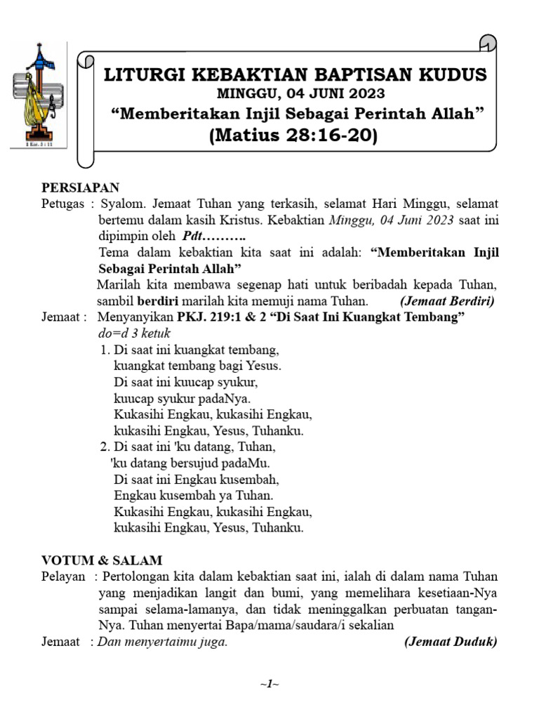 Liturgi Baptis Minggu 04 jUNI 2023 LITURGI MODEL II - Print Duplex | PDF