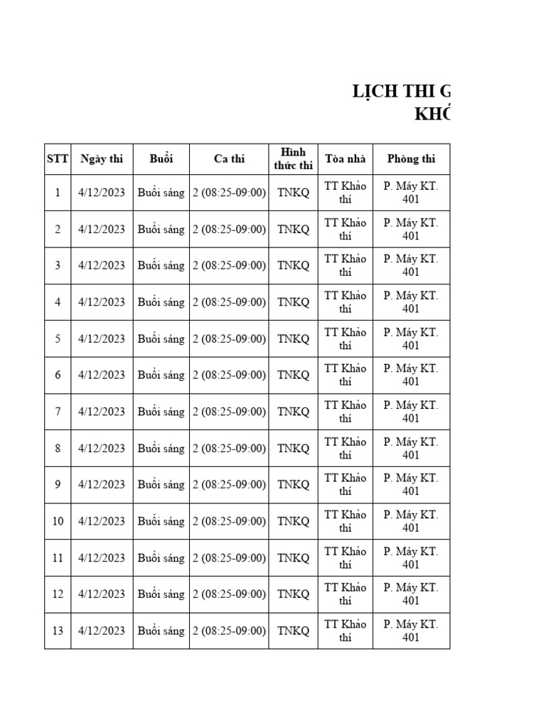 Lịch Thi KTHP Cho SV Chuyển Đổi - Khóa 64 - HK 1 2023-2024 | PDF