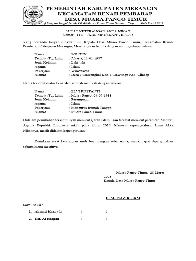 Surat Akta Nikah 2023 | PDF
