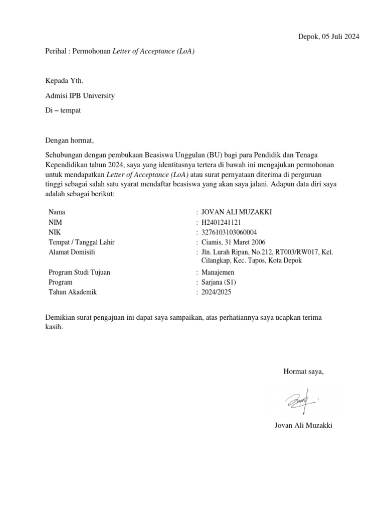 Surat Pengajuan LoA IPB UNIVERSITY | PDF