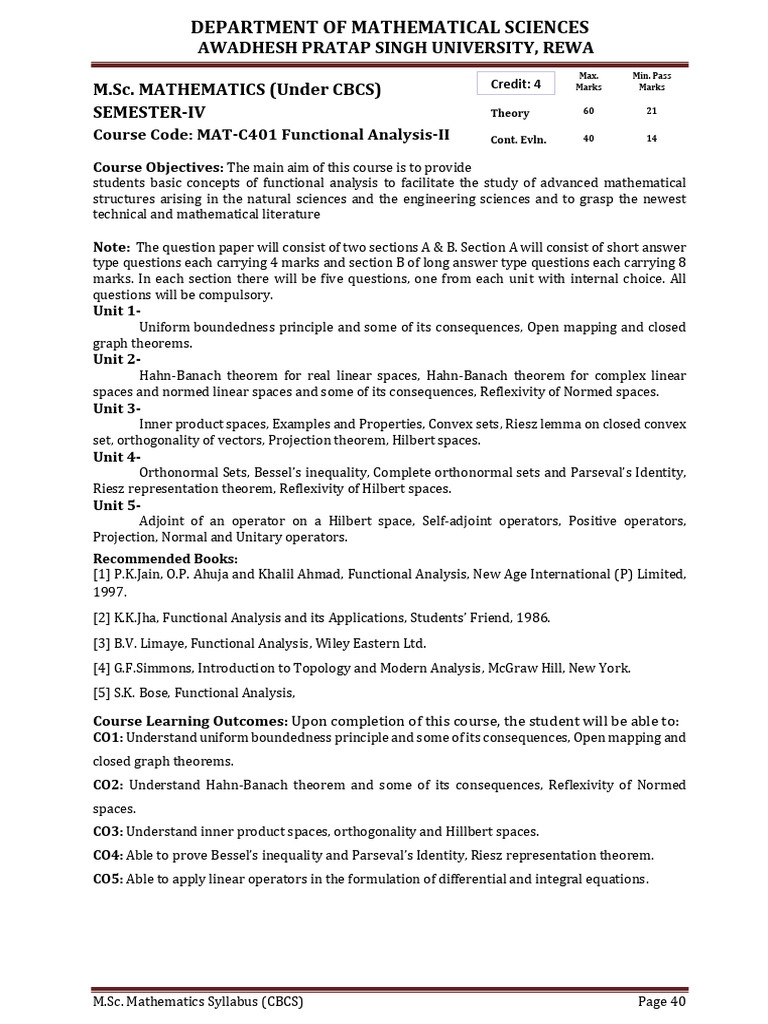 M.Sc. Mathematics UTD APSU Syllabus 2020-21 Onwards | PDF | Hilbert ...