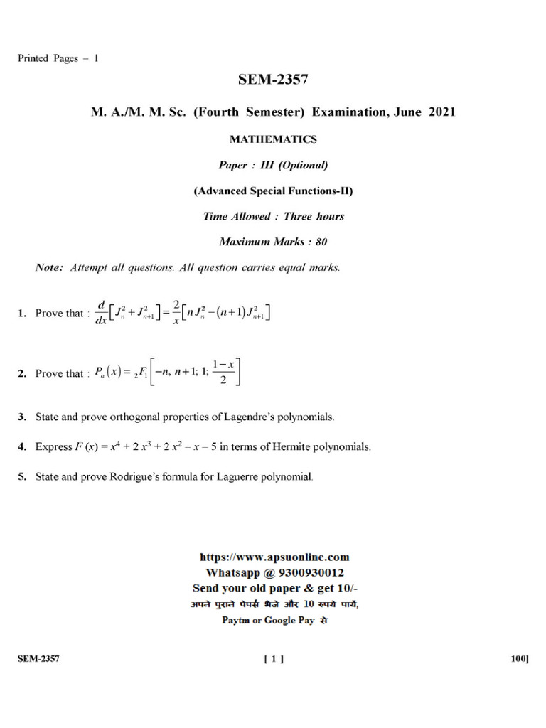 Ma MSC 4 Sem Mathematics Advanced Special Functions 2 Sem 2357 Jun 2021 | PDF