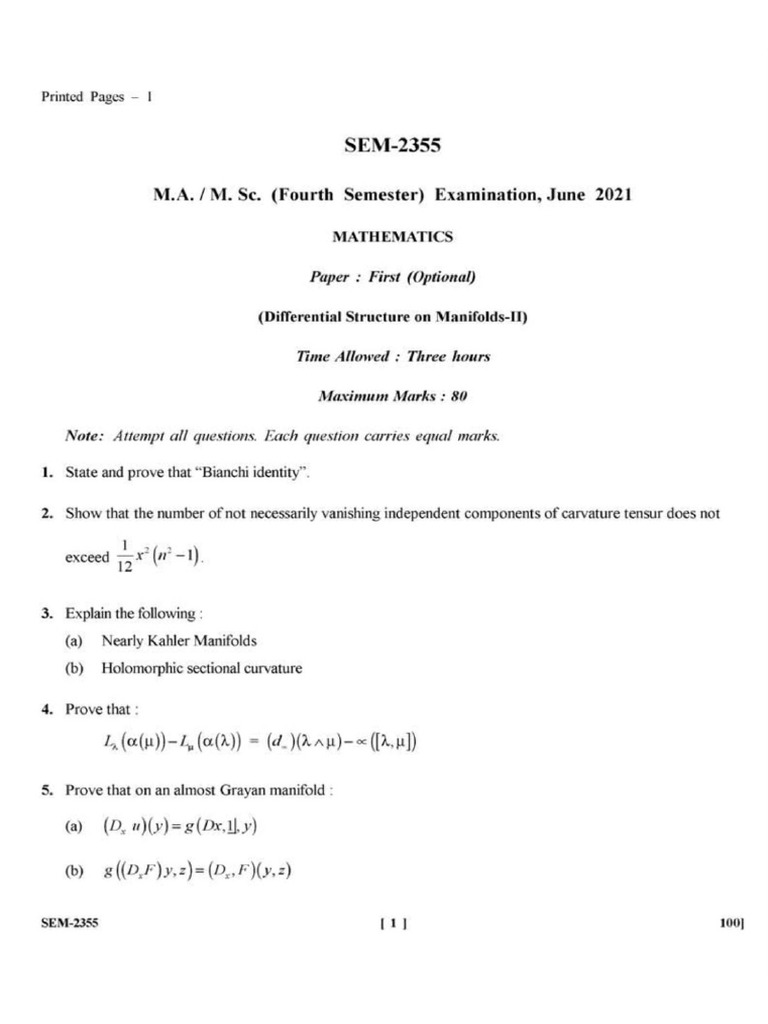 ma-msc-4-sem-mathematics-differential-structure-on-manifold-2-sem-2355-jun-2021 | PDF