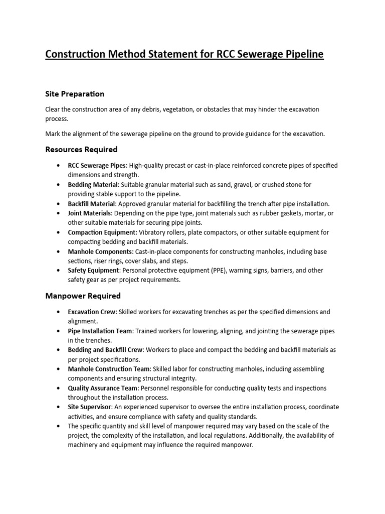 Construction Method Statement For RCC Sewerage Pipeline | PDF | Pipe ...