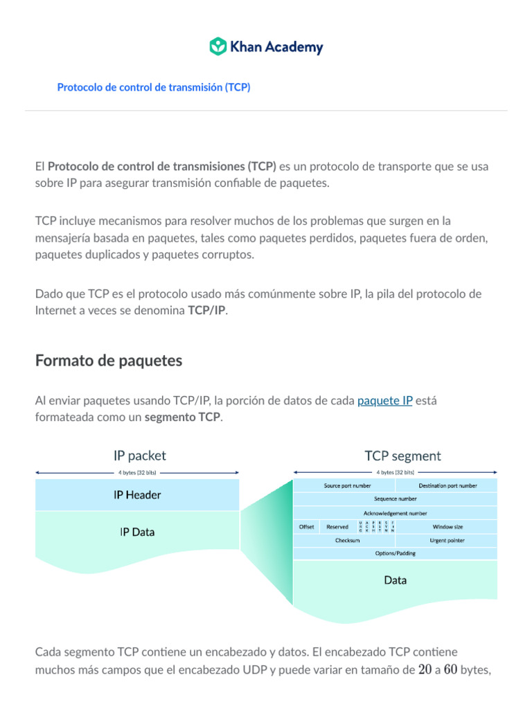 Protocolo de Control de Transmisión (TCP) (Artículo) - Khan Academy | PDF | Protocolo de Control ...