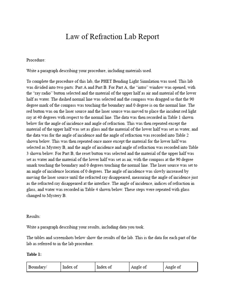 Sanvi Vandanapu Law Of Refraction Lab Report Pdf Refraction Waves