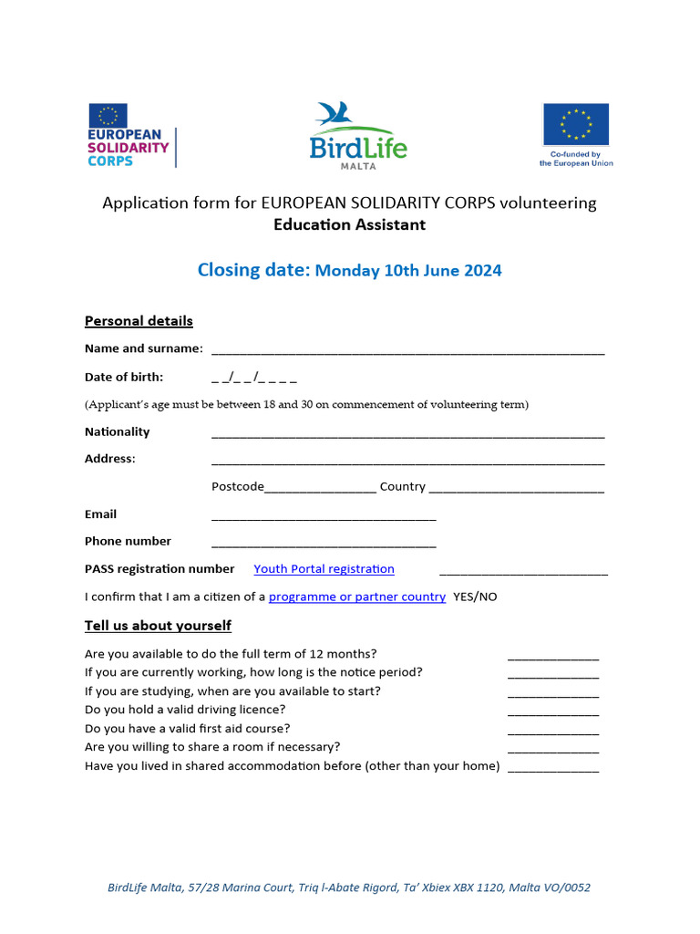 European Solidarity Corps ESC Call - Education Assistant Application ...