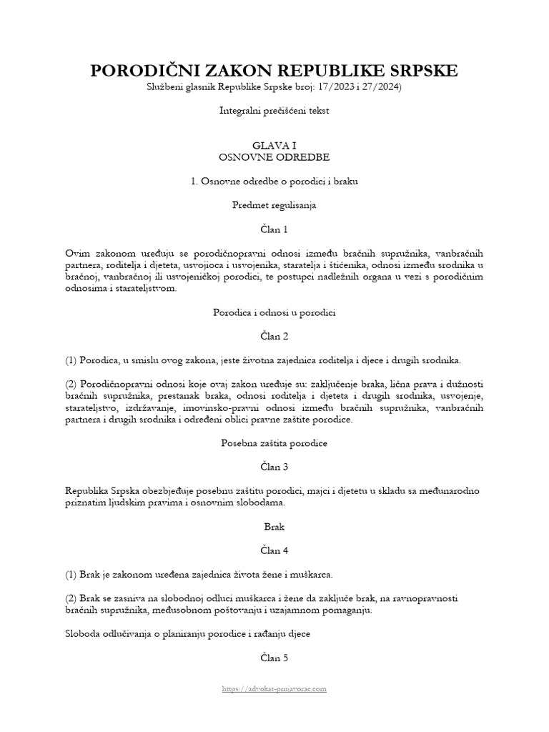Porodicni Zakon Republike Srpske 2023 | PDF