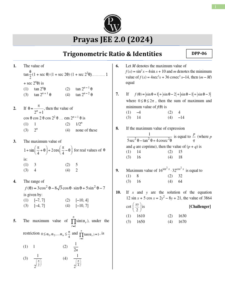 Trigonometric Ratios Identities Dpp 06 Extra Dpp Prayas Jee 2