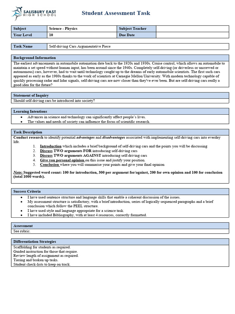 Self-Driving Cars Summative Task | PDF | Science | Cognition