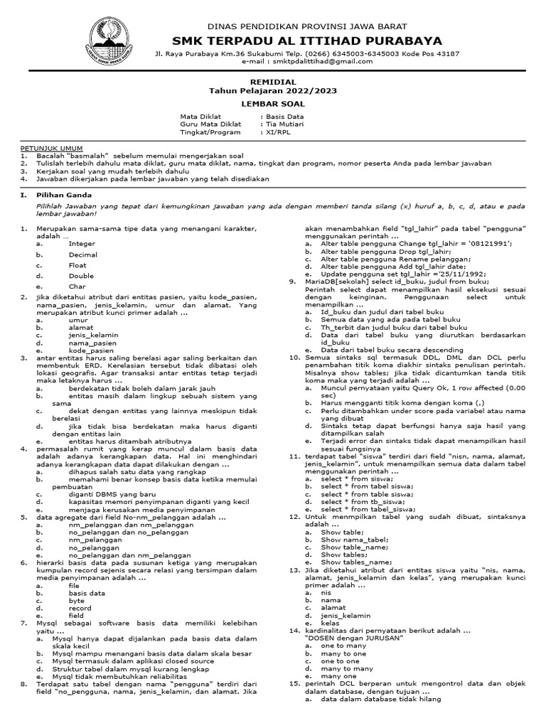 Soal Remidial Basis Data Xi RPL | PDF