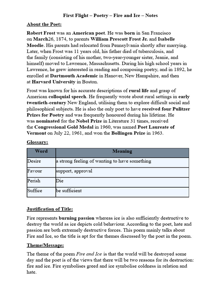 First Flight - Fire and Ice - Notes | PDF