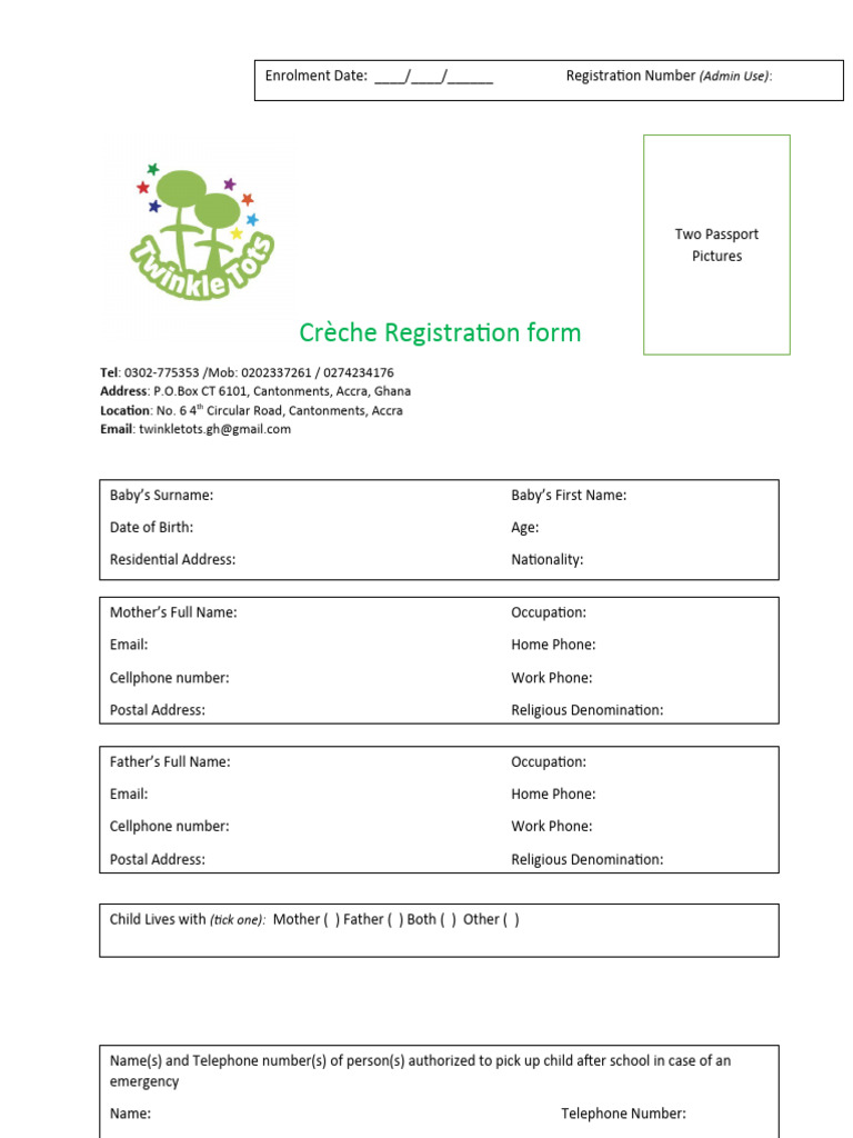 Crèche Registration Form | PDF | Cheque | Child Care