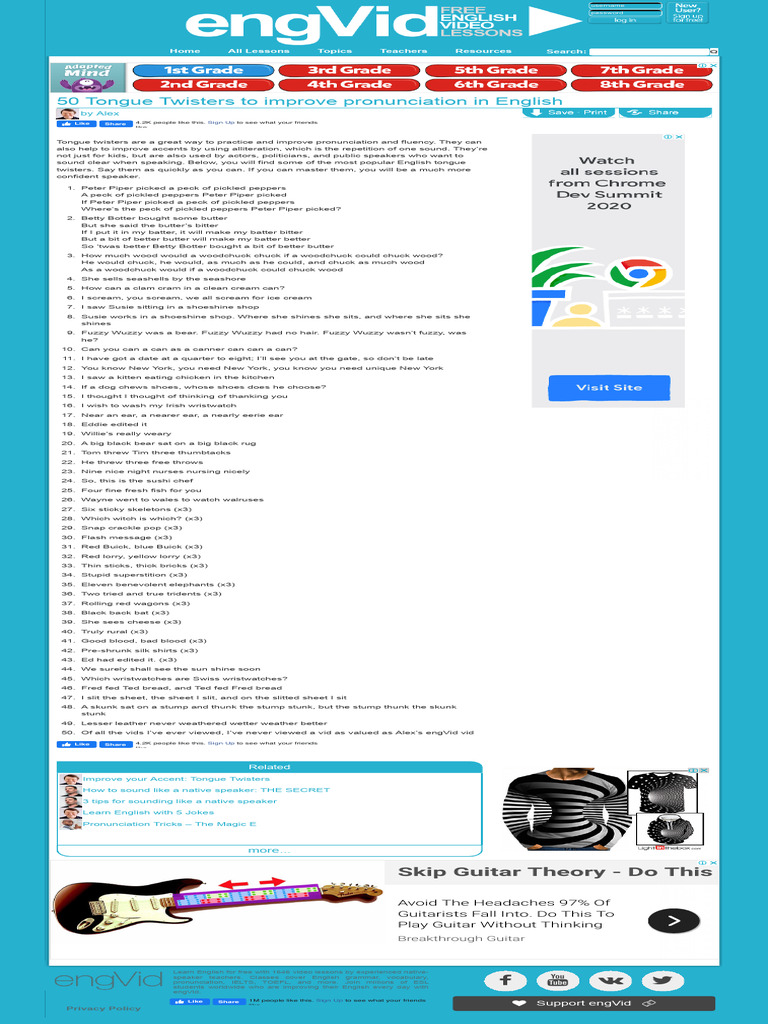 50 English Tongue Twisters for Pronunciation | PDF