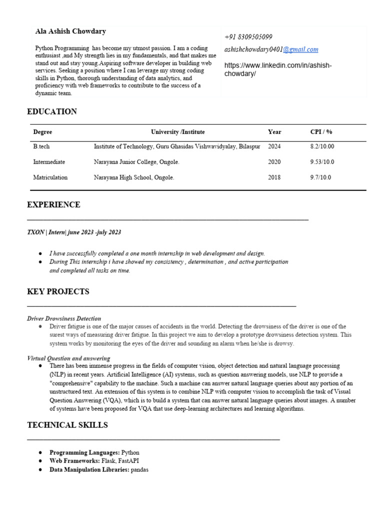 Ashish Chowdary Resume | PDF | Computer Programming | Python (Programming Language)