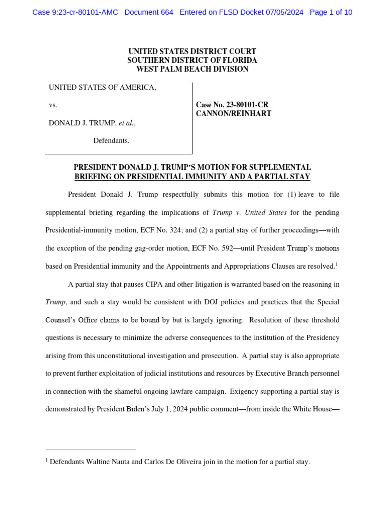 DJT - FL - DJT Motion To Stay Case - 7-5-24 | PDF | Prosecutor | Donald ...