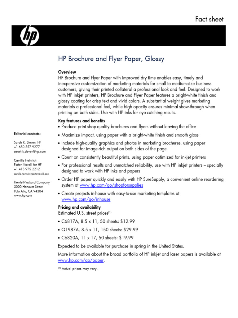 HP Brochure and Flyer Paper Overview | PDF | Printer (Computing ...