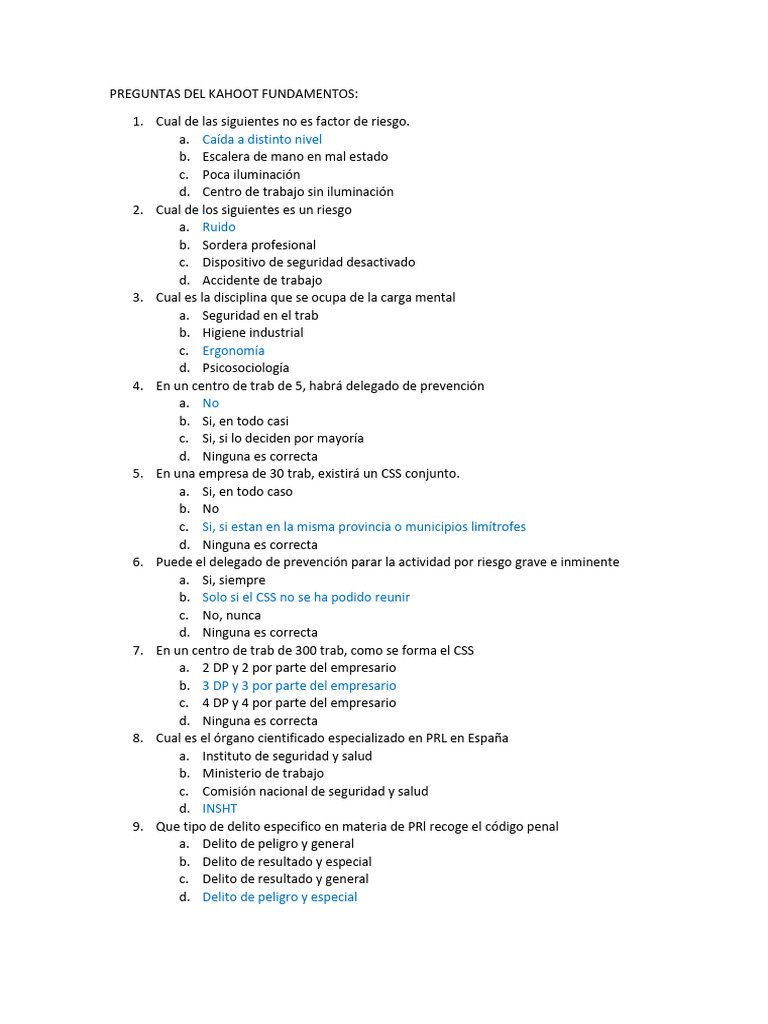 Preguntas Kahoot sobre PRL y Seguridad Laboral | PDF | Seguridad y ...
