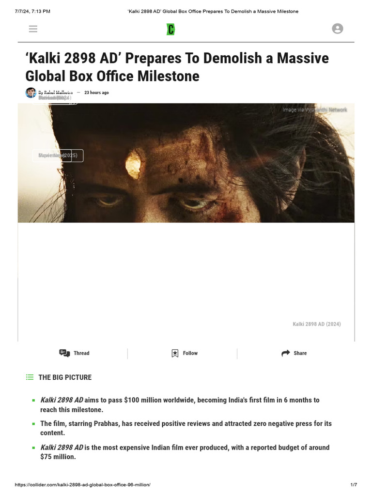 "Kalki 2898 AD Aims for $100 Million Milestone" | PDF