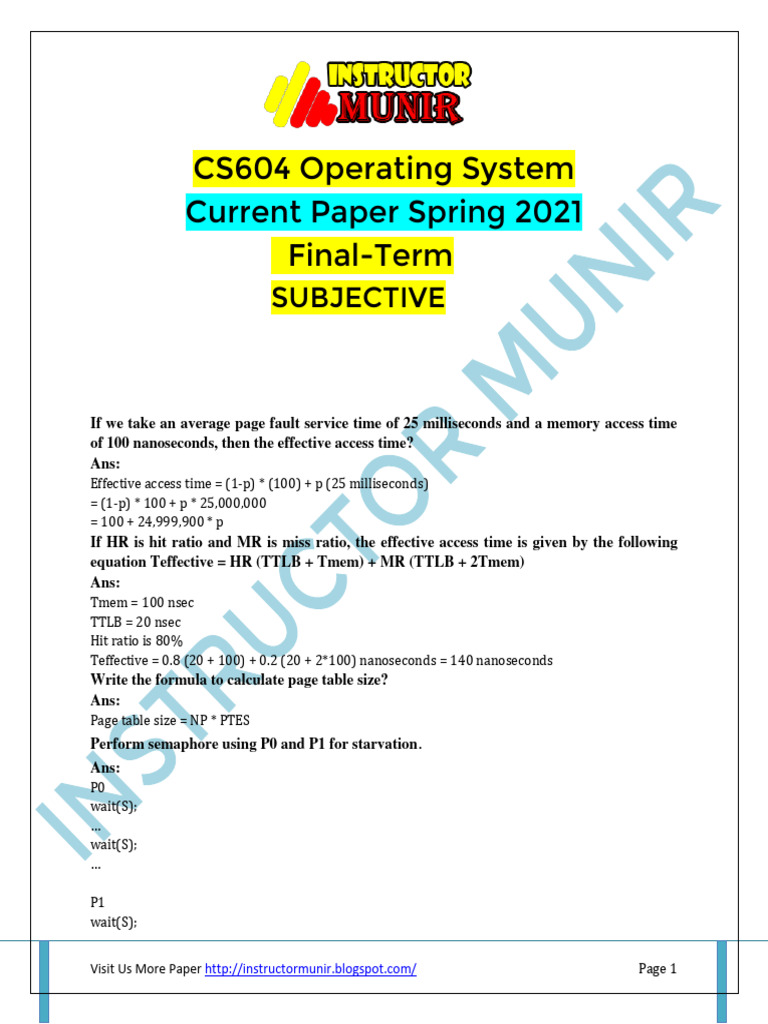 CS604 Operating System Final Exam Guide | PDF | Process (Computing ...