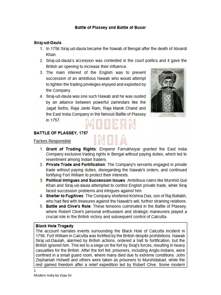 Plassey vs Buxar: Key Differences | PDF | Bengal | British India