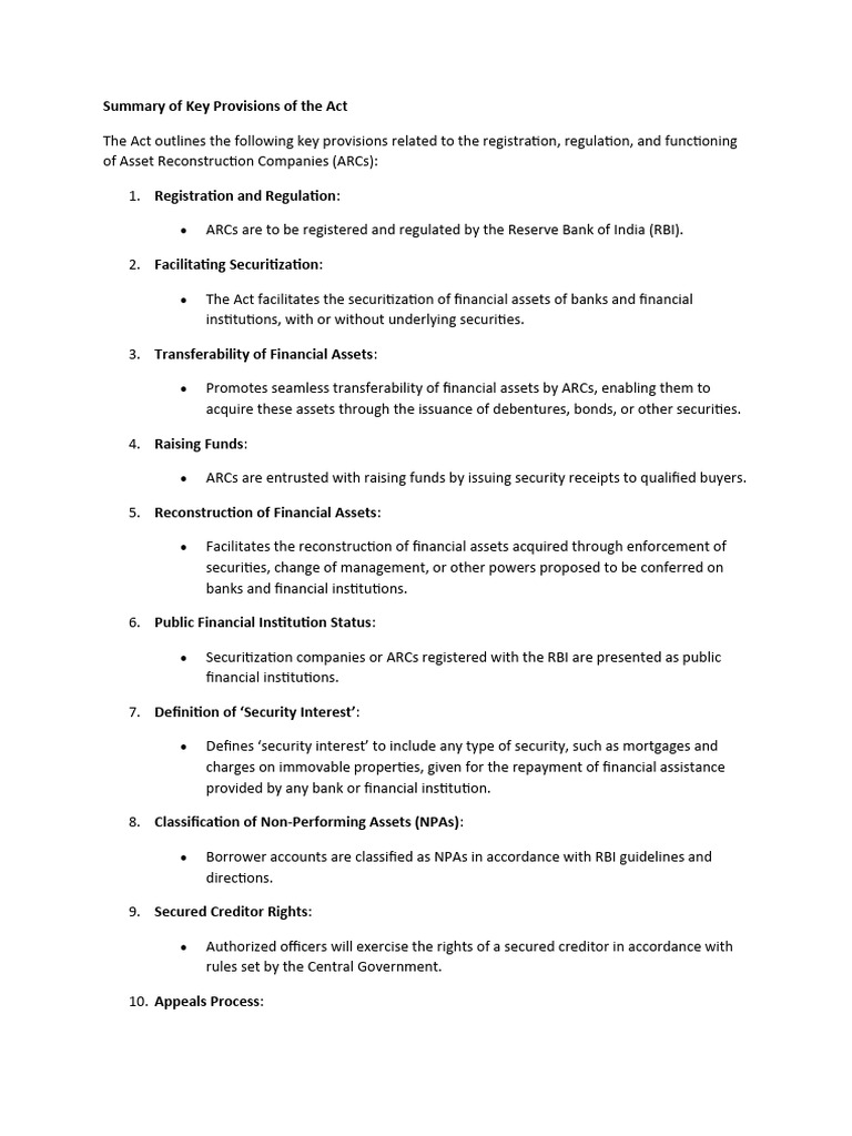 Key Provisions of the SARFAESI Act | PDF | Securitization | Securities ...