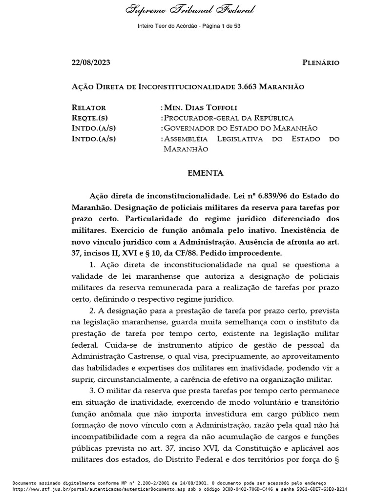 Lenário ÇÃO Ireta DE Nconstitucionalidade Aranhão Elator IN IAS Offoli ...